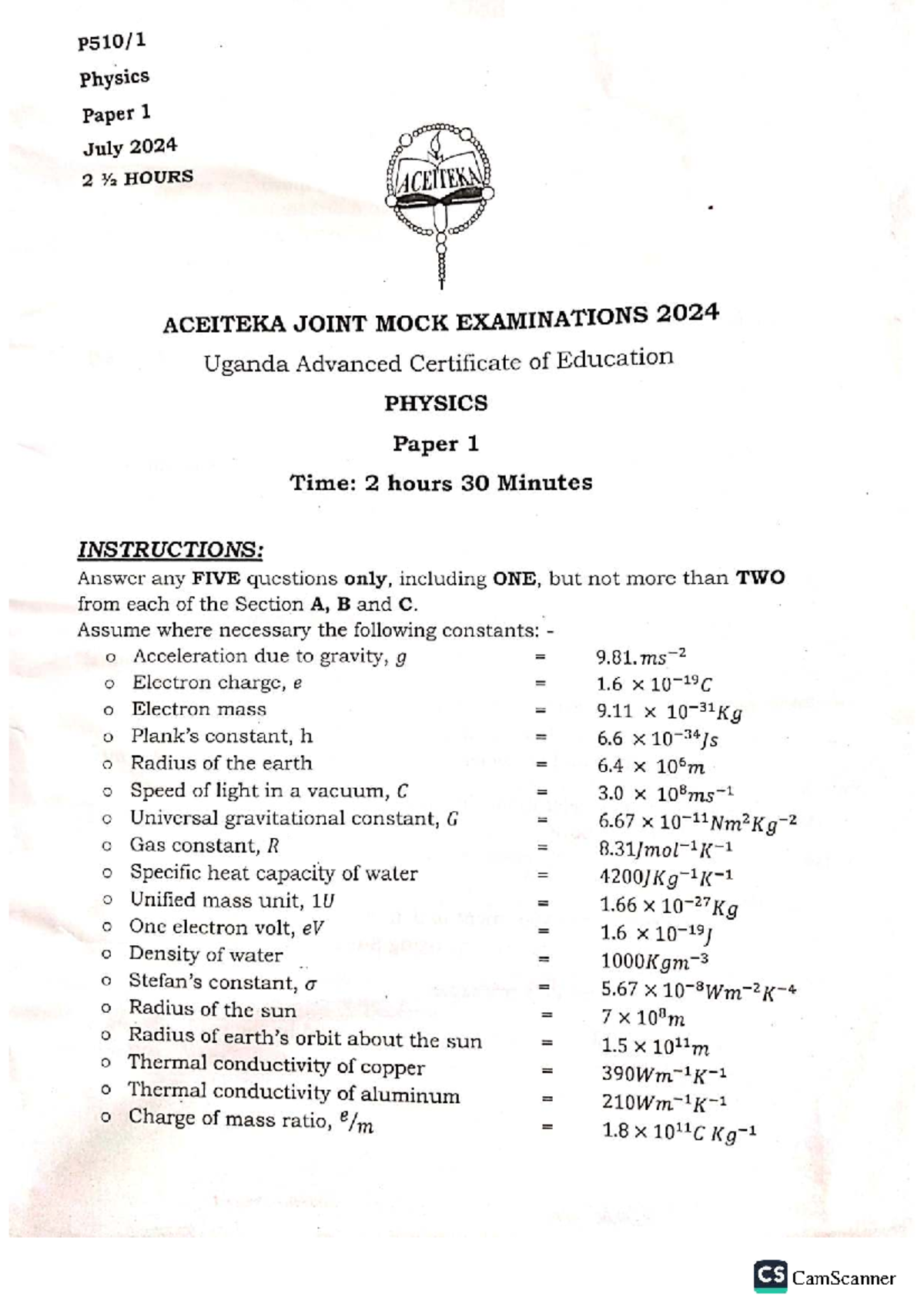 Aceiteka Joint Mock Exam Physics Paper 1 July 2024 - Studocu