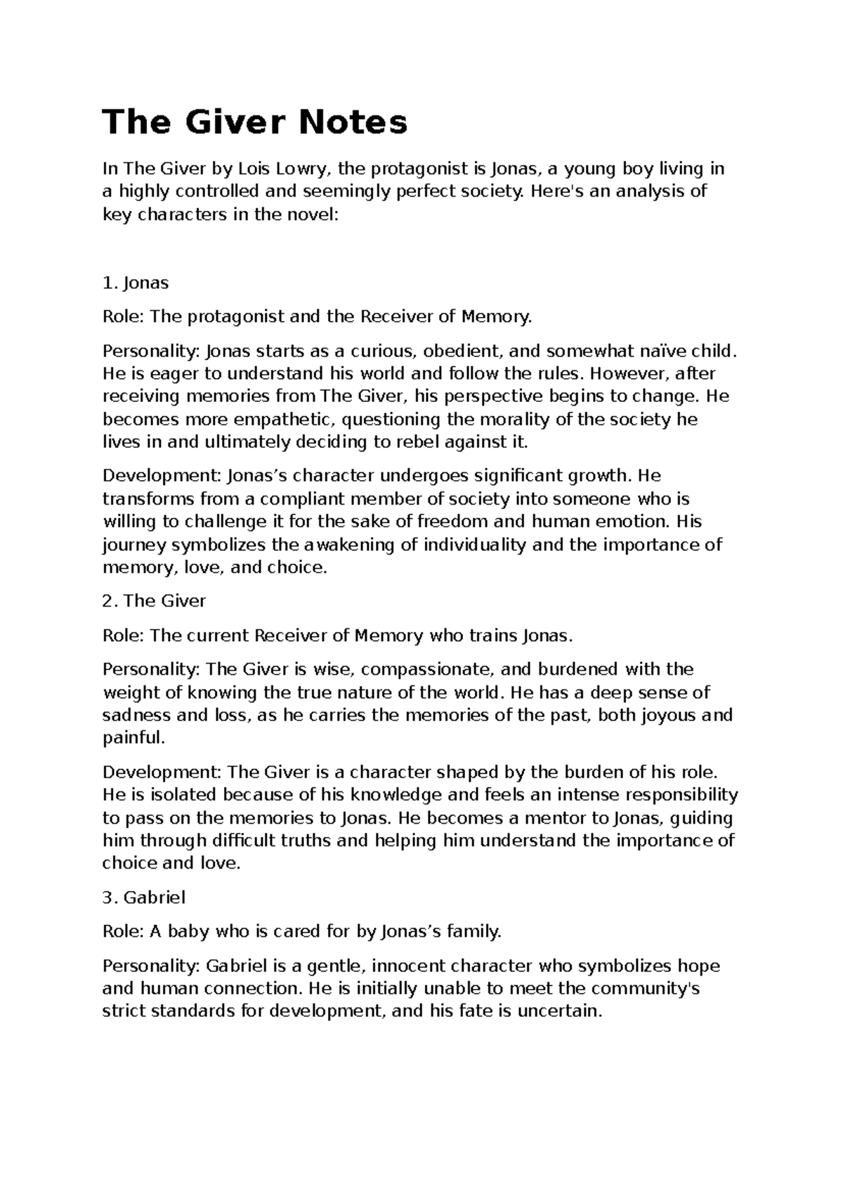 The Giver Notes - Here's an analysis of key characters in the novel ...