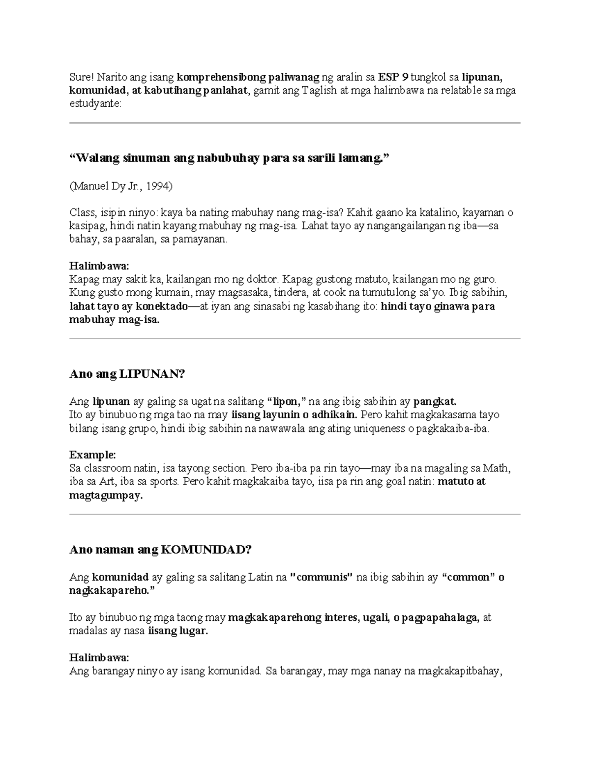 ESP 9 Lesson: Lipunan, Komunidad, at Kabutihang Panlahat - Studocu