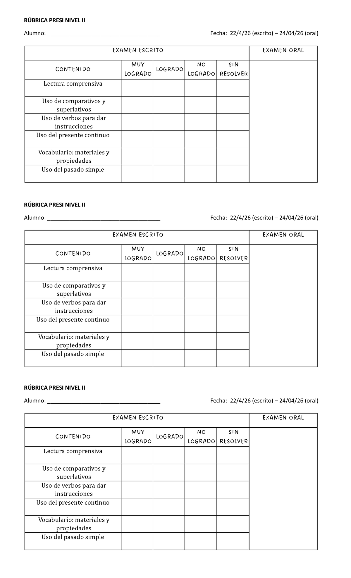 Rúbricas Presi Nivel II - Examen Escrito y Oral - Studocu