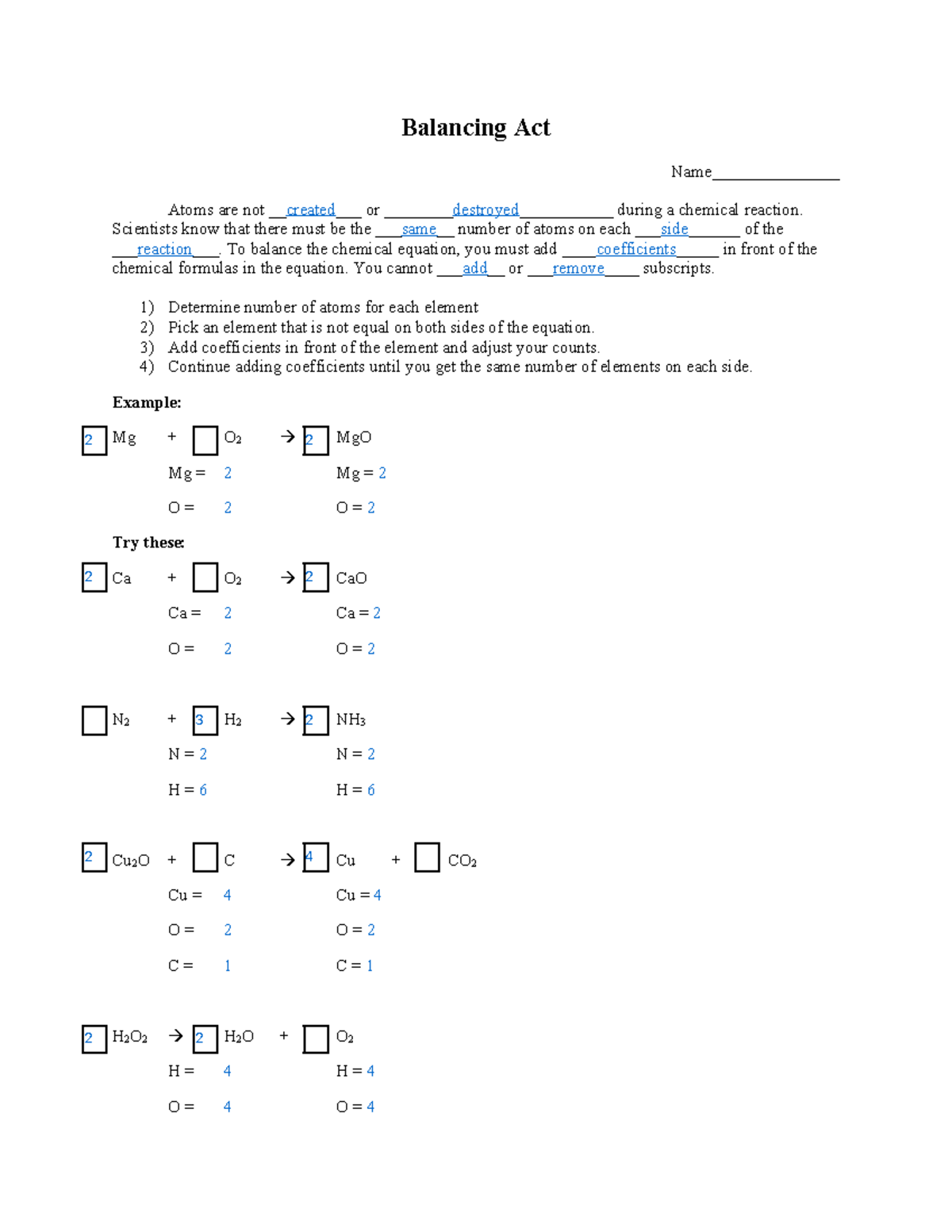 Balancing Act Practice - Chemical Equations & Solutions (Chem101) - Studocu