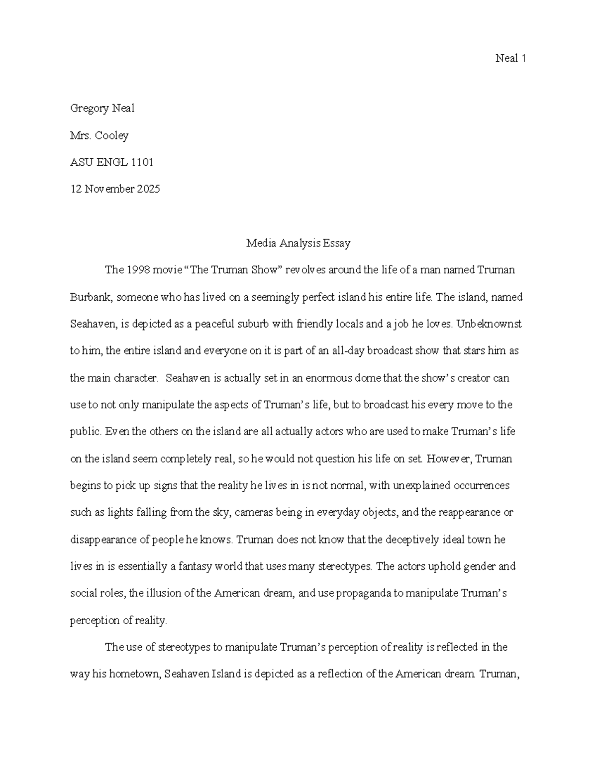 ENGL 1101 Media Analysis Essay: The Truman Show's Reality Manipulation - Studocu