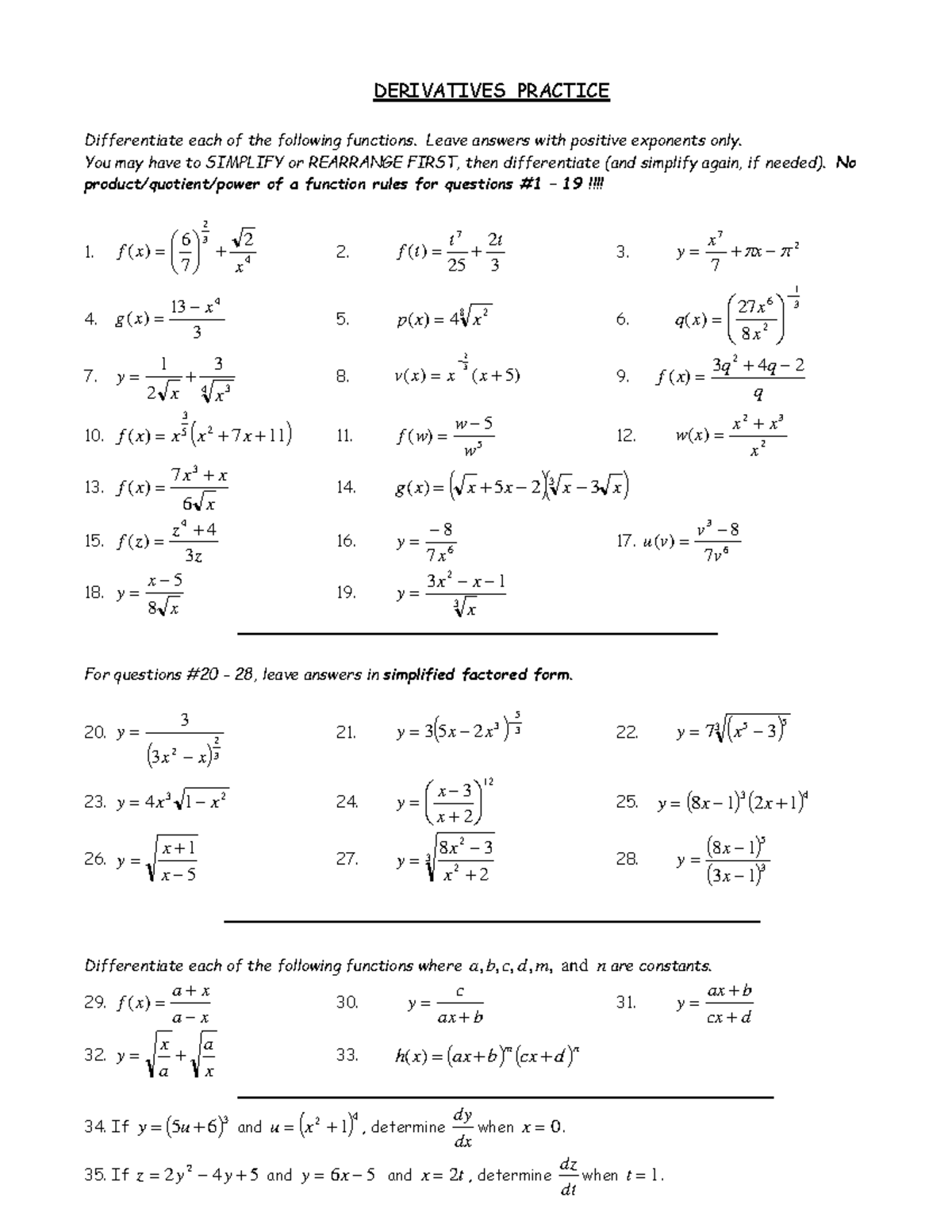 DERIVATIVES PRACTICE: Differentiation of Functions - Week 5 Skills ...