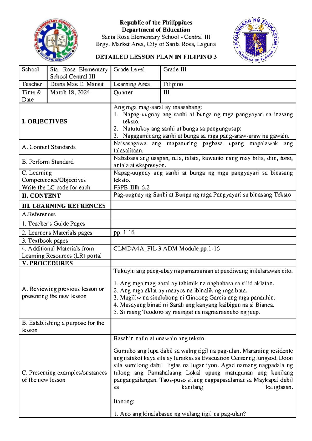 Detailed Lesson Plan for Filipino 3: Sanhi at Bunga - Studocu
