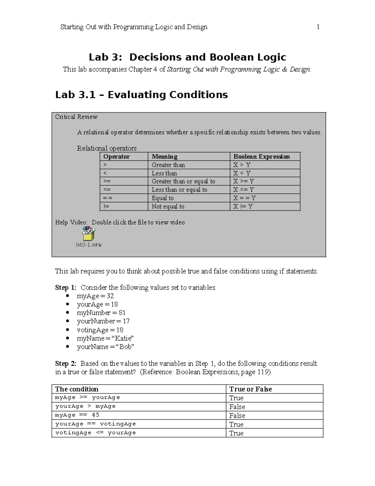 Lab 3: Decisions & Boolean Logic - Starting Out with Programming Logic (CS101) - Studocu