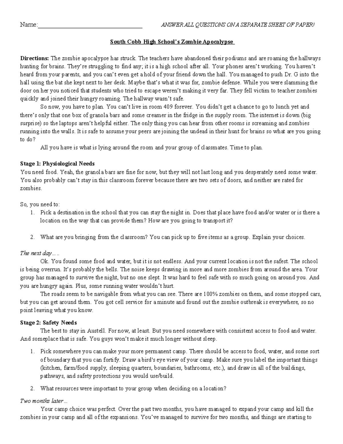 Maslow's Hierarchy in a Zombie Apocalypse Activity - South Cobb HS ...
