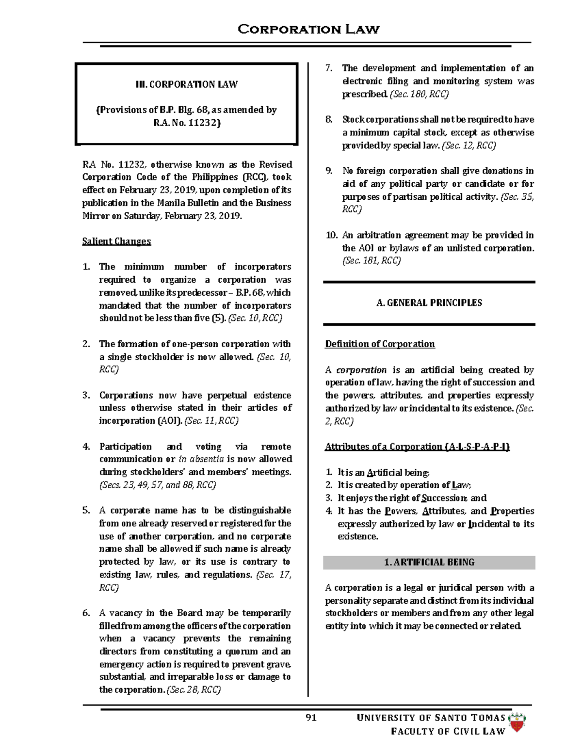 UST 2022 Golden Notes on Corporation Law: Key Provisions & Changes ...