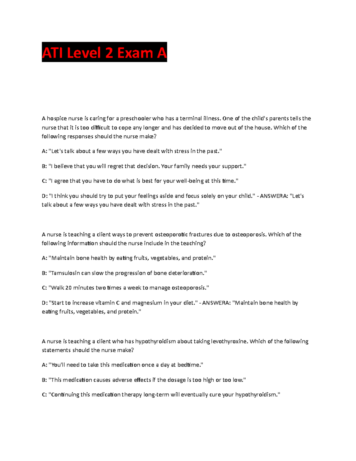 ATI Level 2 Exam A - Comprehensive Study Guide for Final Exam - Studocu