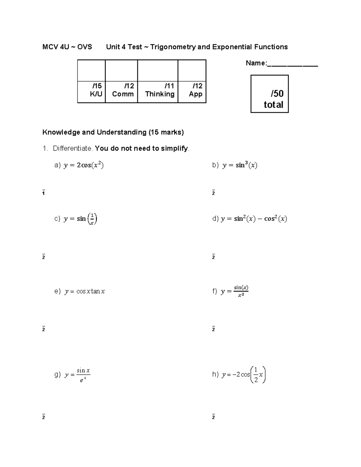MCV 4U Unit 4 Test B: Trigonometry & Exponential Functions - Studocu