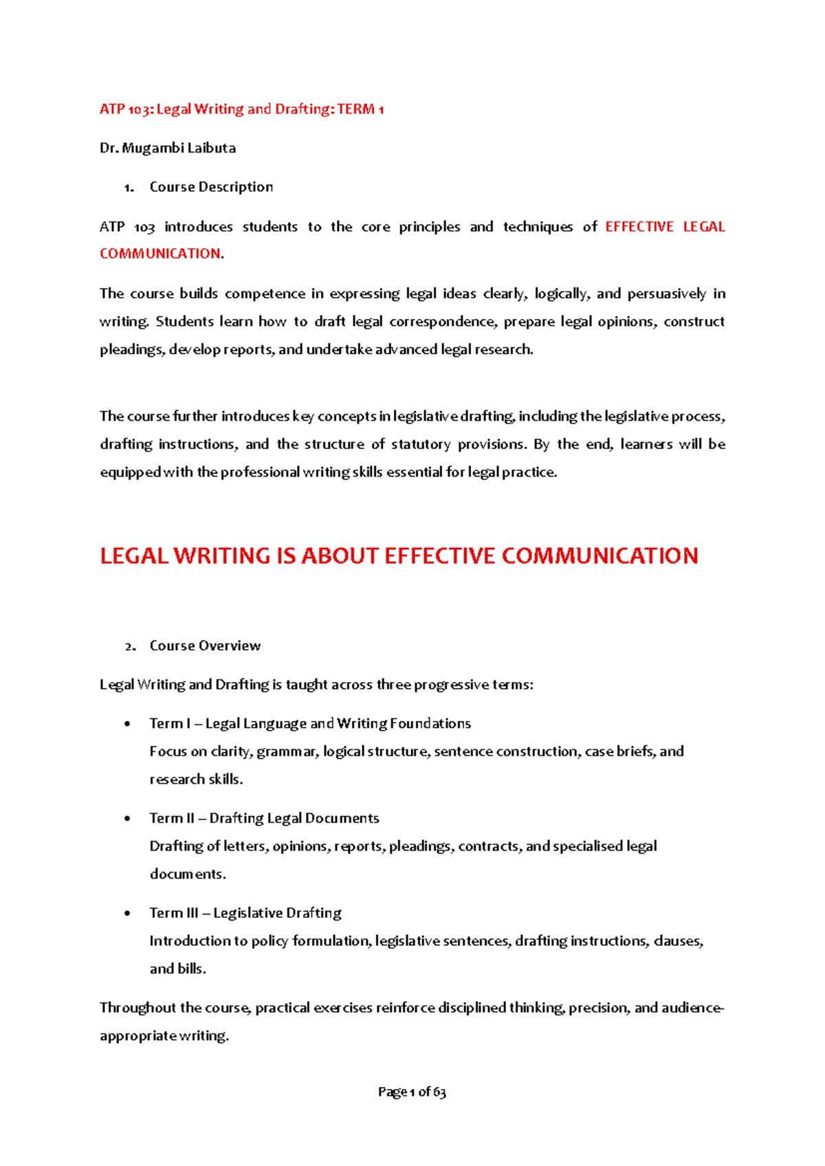 ATP 103: Legal Writing & Drafting - Term 1 Overview and Notes - Studocu