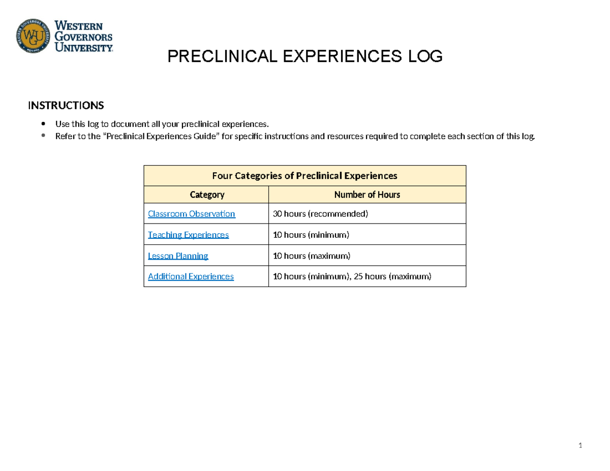 Preclinical Experiences Log: Documentation for Student Observations and ...