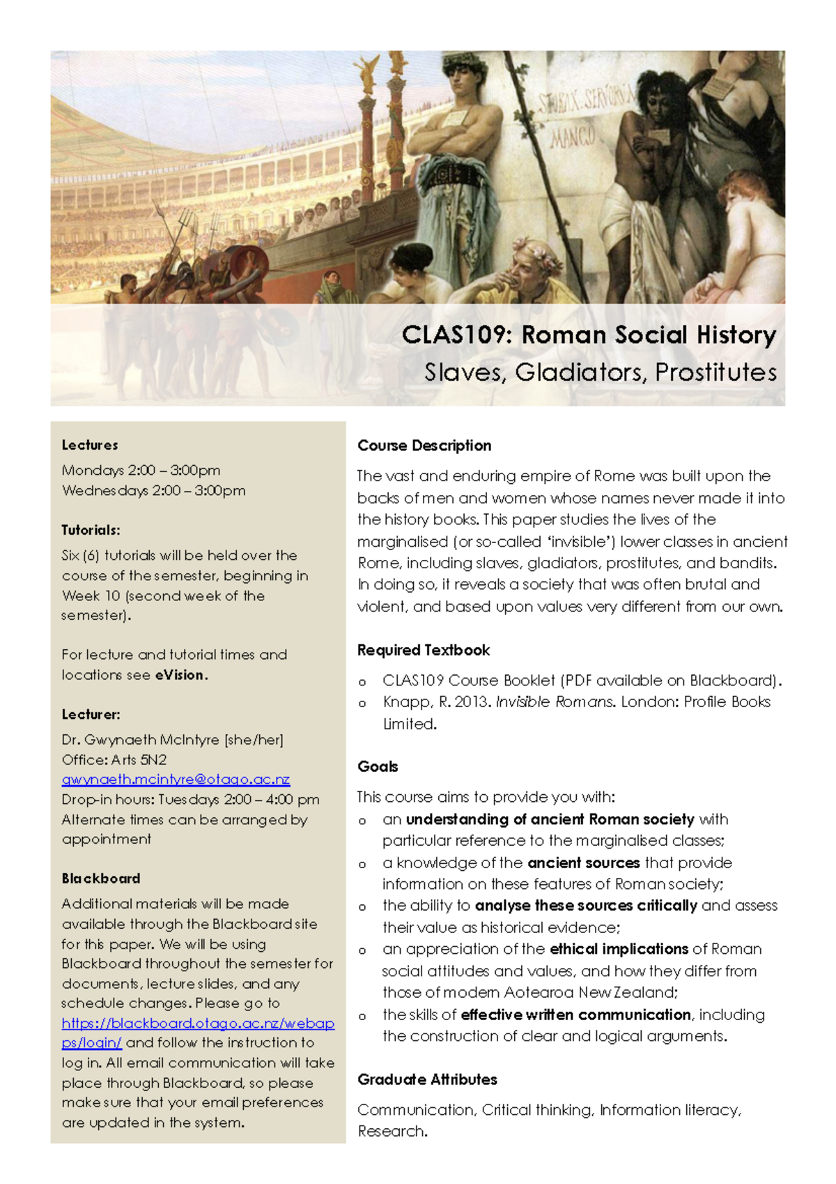 CLAS109: Roman Social History Course Outline and Lecture Schedule 2023 ...