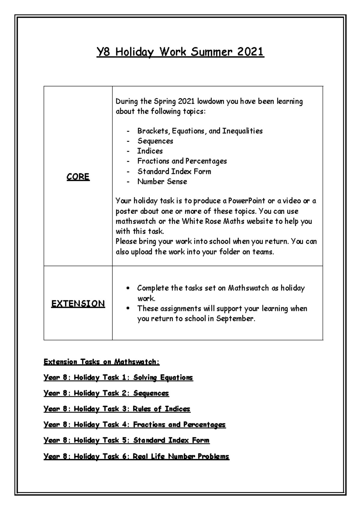 Y8 Summer 2021 Holiday Work: Math Topics & Tasks - Studocu