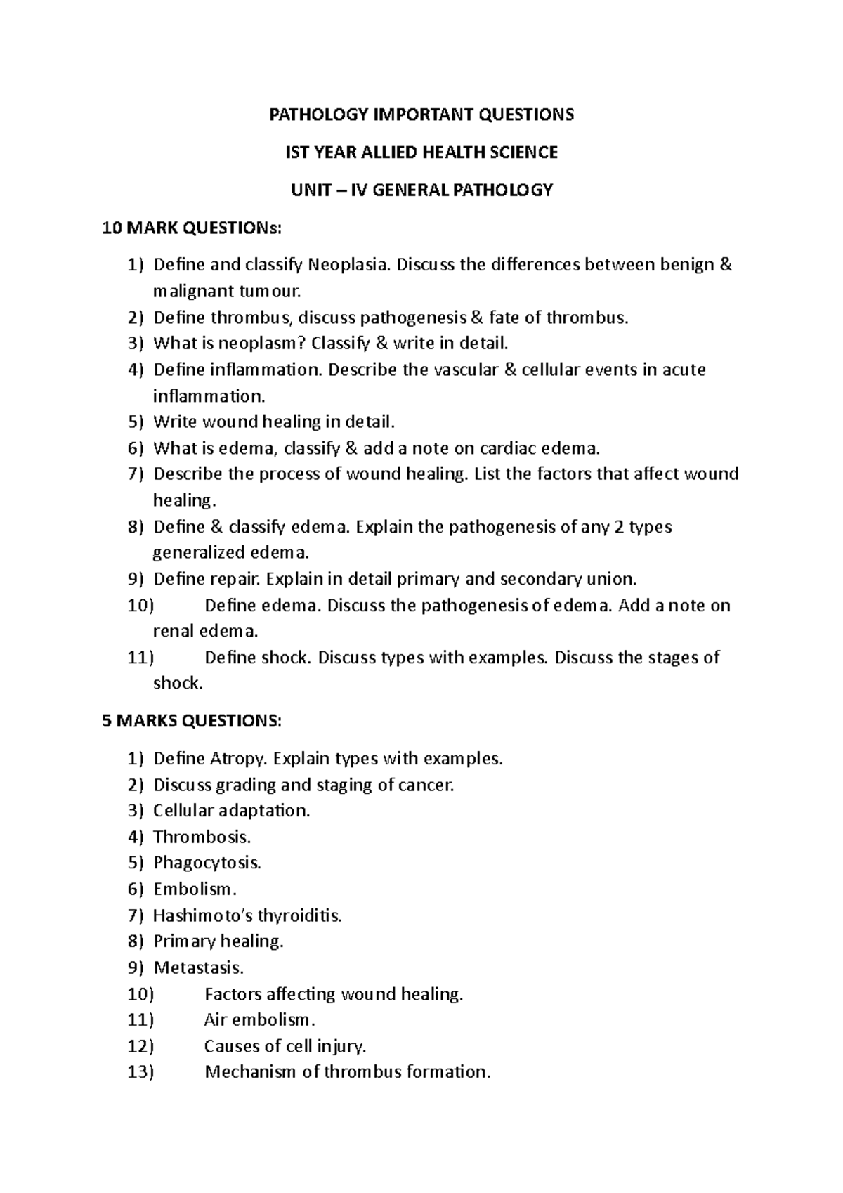 Pathology Important Questions - 1st Year Allied Health Science - Studocu