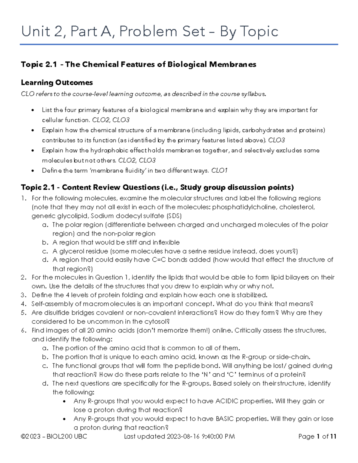 Unit 2A Biology Membranes Problem Set: Key Concepts & Questions - Studocu