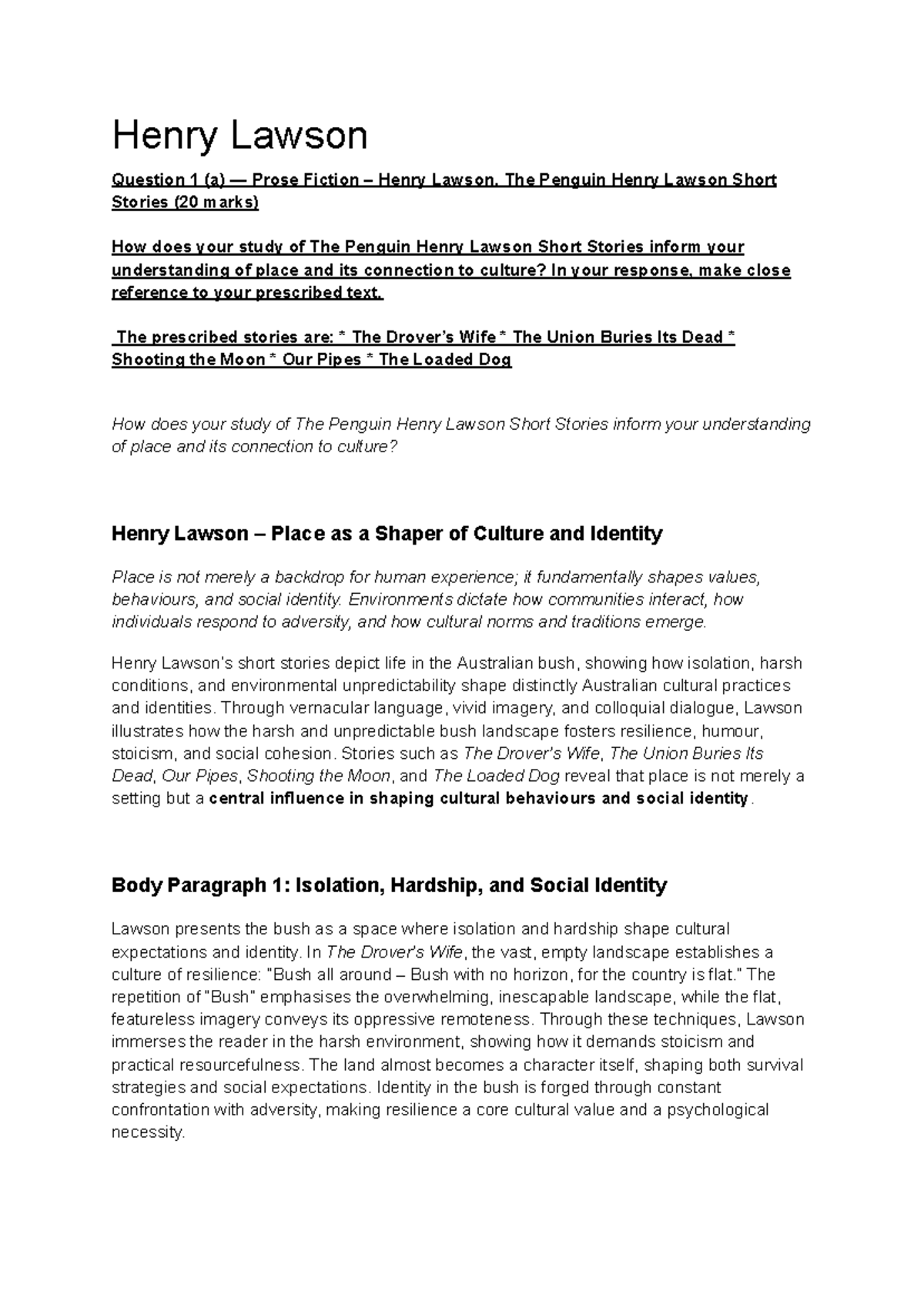 Henry Lawson HSC Essay Notes: Place, Culture & Identity Analysis - Studocu