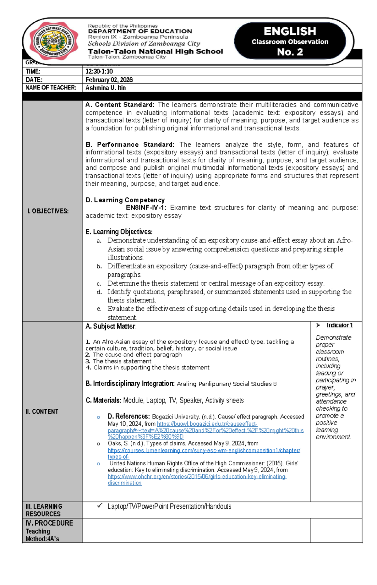 ENGLISH 8 Lesson Plan: Analyzing Expository Essays and Claims - Studocu