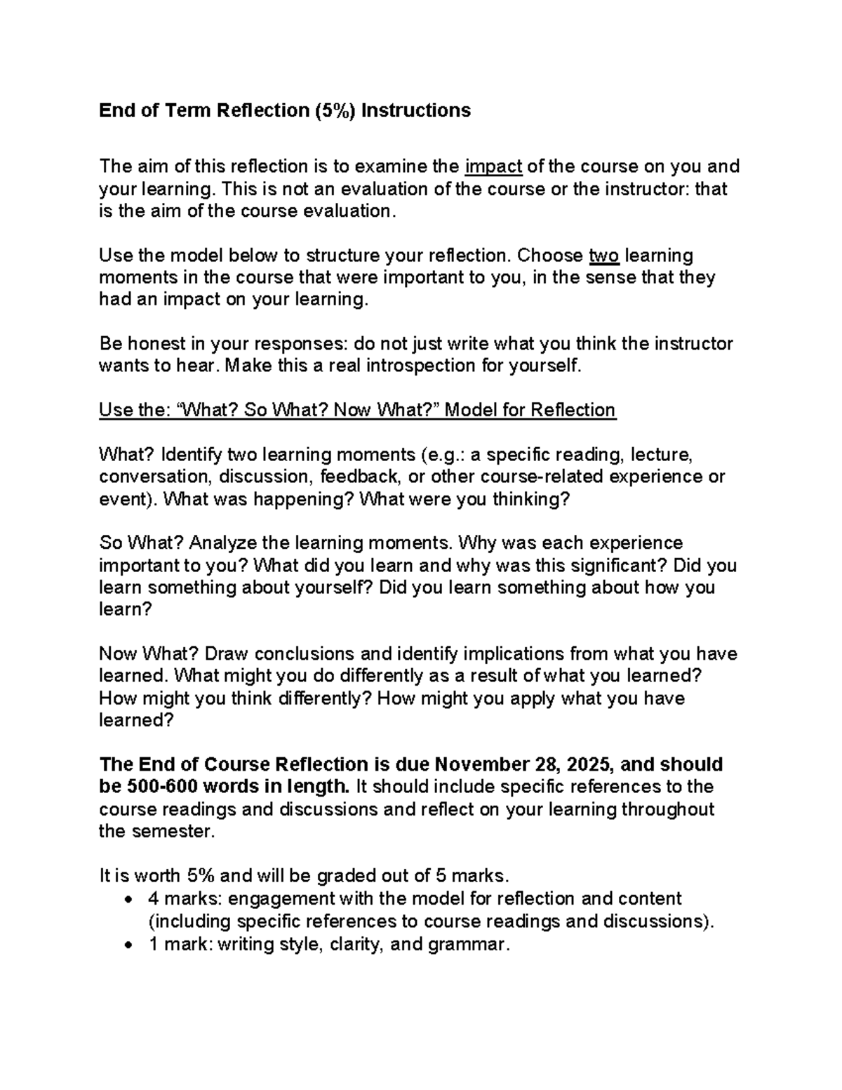 End of Course Reflection Instructions F25: So What? Now Model - Studocu