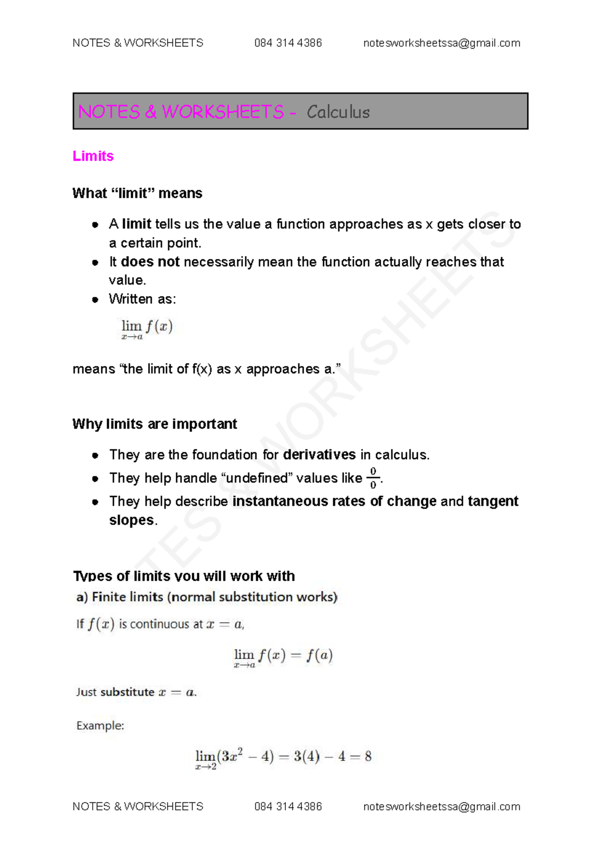 Calculus Limits & Cubic Functions Notes - 084 314 - Studocu