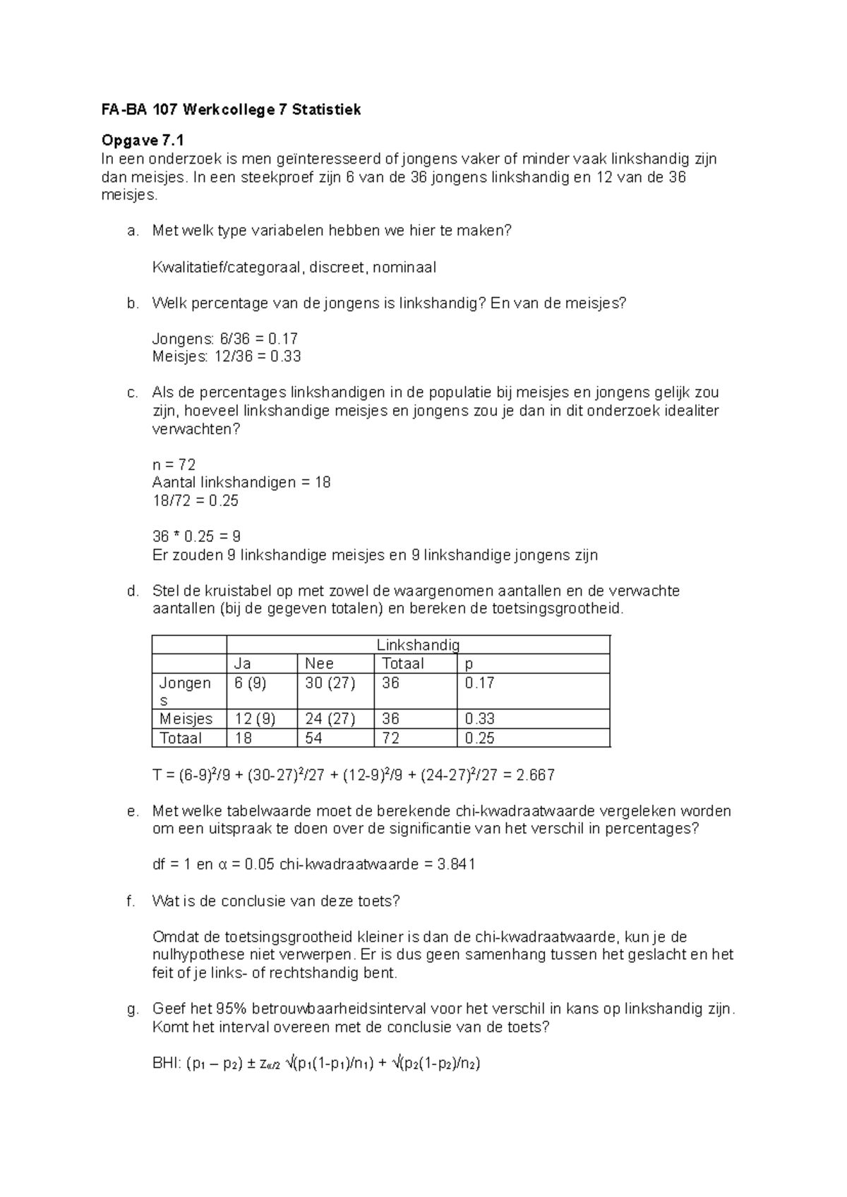 FA-BA 107 Werkcollege 7 Statistiek: Analyse van Linkshandigheid en ...