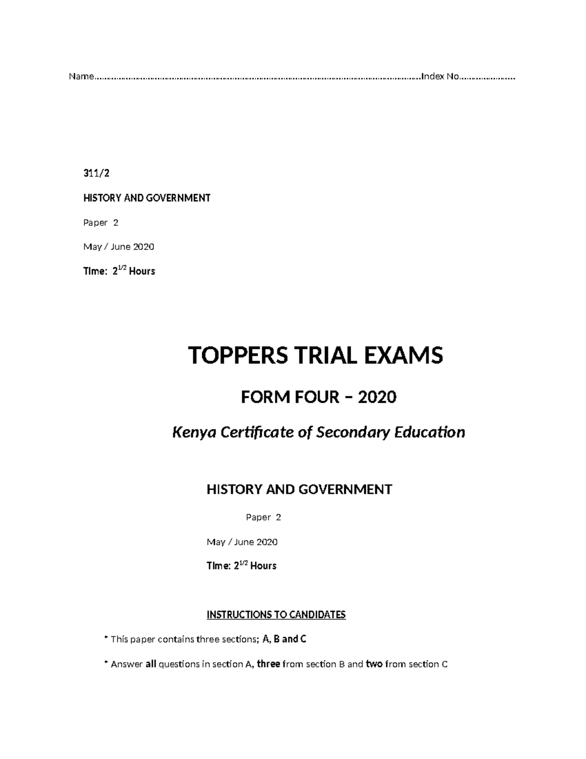 HISTORY AND GOVERNMENT Paper 2 May June 2020 - Toppers Trial Exam - Studocu