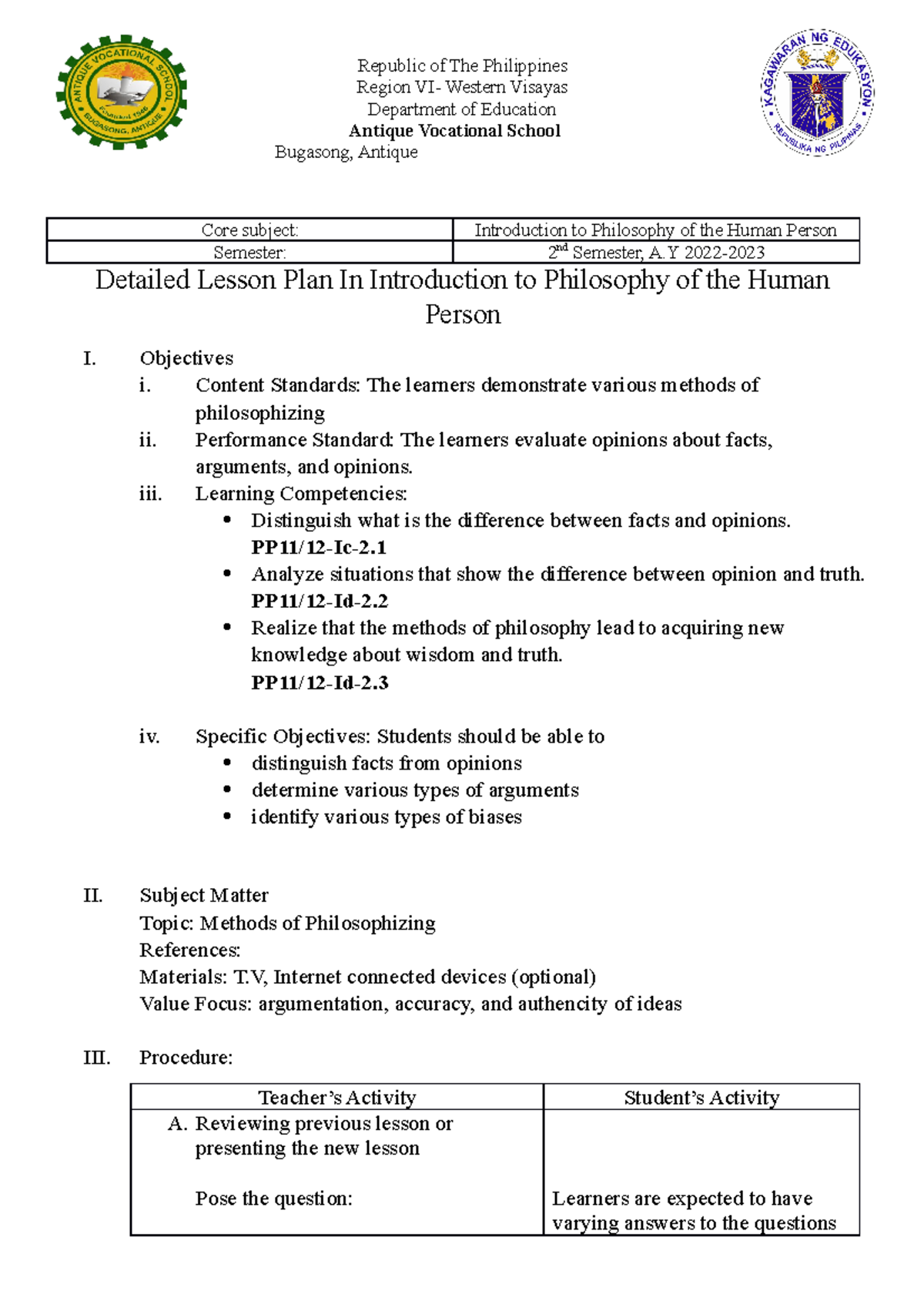 Detailed Lesson Plan for Intro to Philosophy of Human Person (2nd Sem) - Studocu
