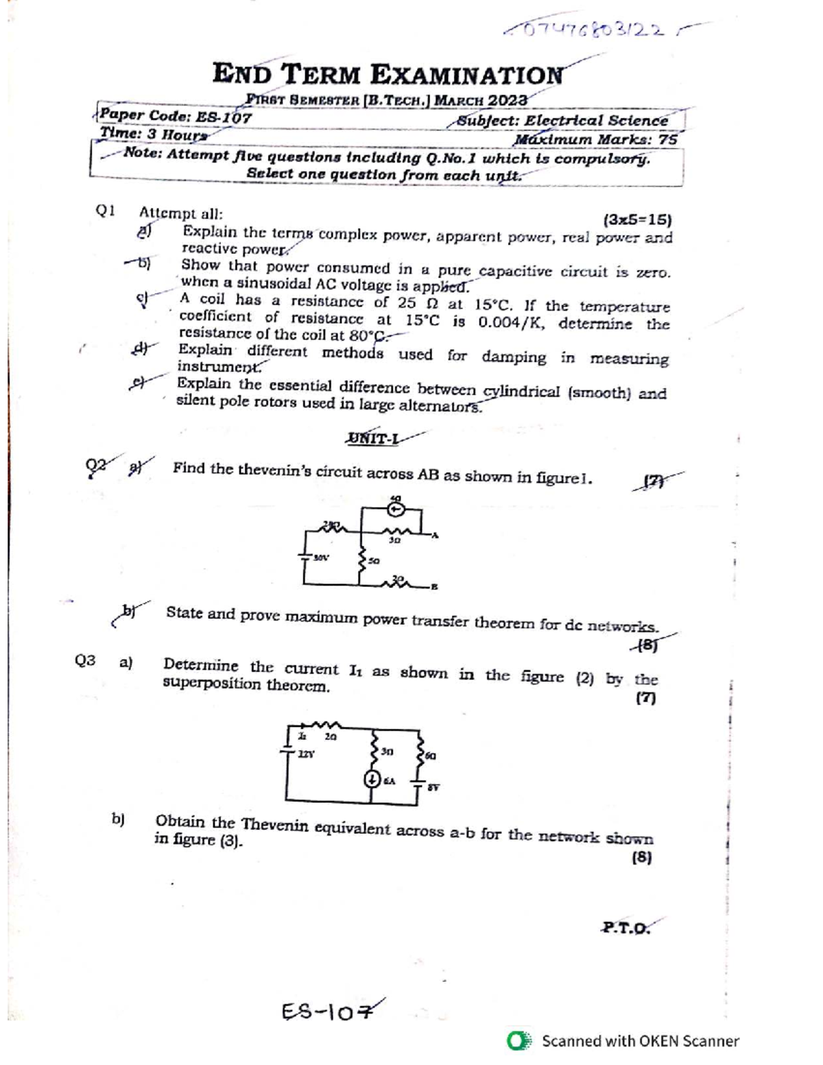 Electrical Science PYQ: End Term Exam March 2023 (Paper Code: 07476803122) - Studocu