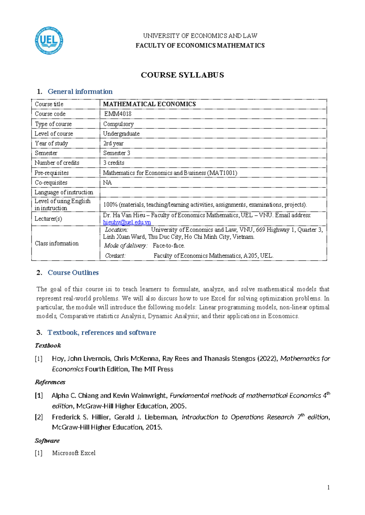 Mathematical Economics Course Syllabus EMM4018 - 2nd Year, Semester 3 ...