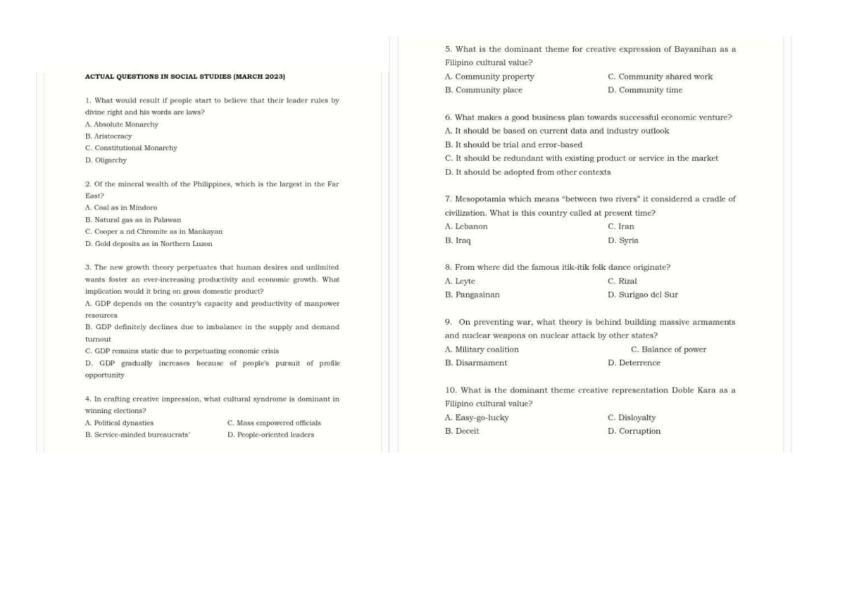 ACTUAL SOCIAL STUDIES QUESTIONS REVIEWER (MARCH 2023) - Studocu