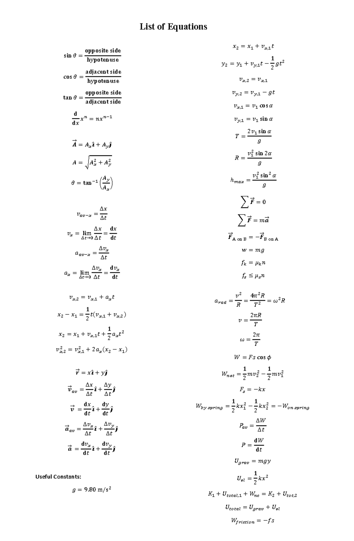 List of Equations - Summary Civil Engineering - List of Equations sin 𝜃 ...
