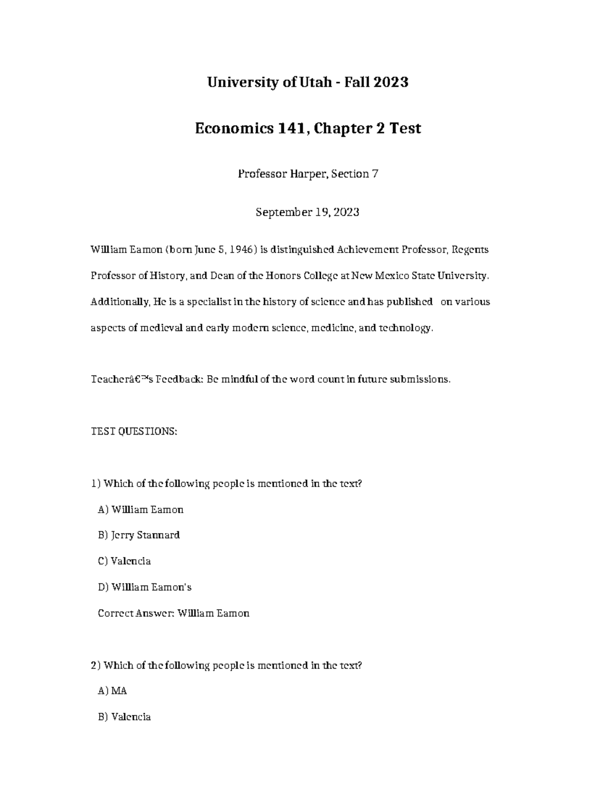 Economics 141 Chapter 2 TEST - University of Utah - Fall 2023 Economics ...