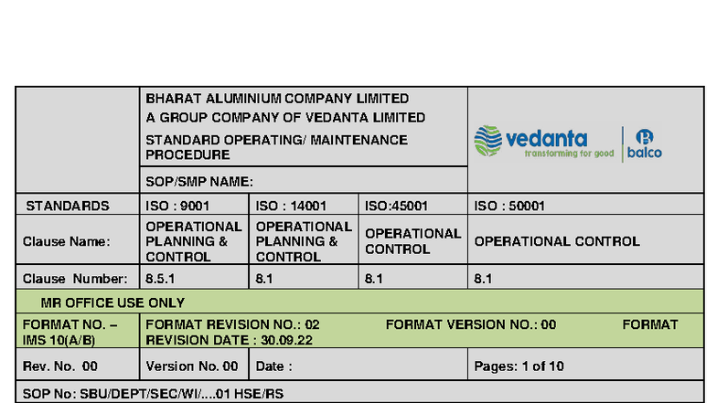 SOP for Safety Clearance Process - BHARAT ALUMINIUM CO. (ISO 9001 ...
