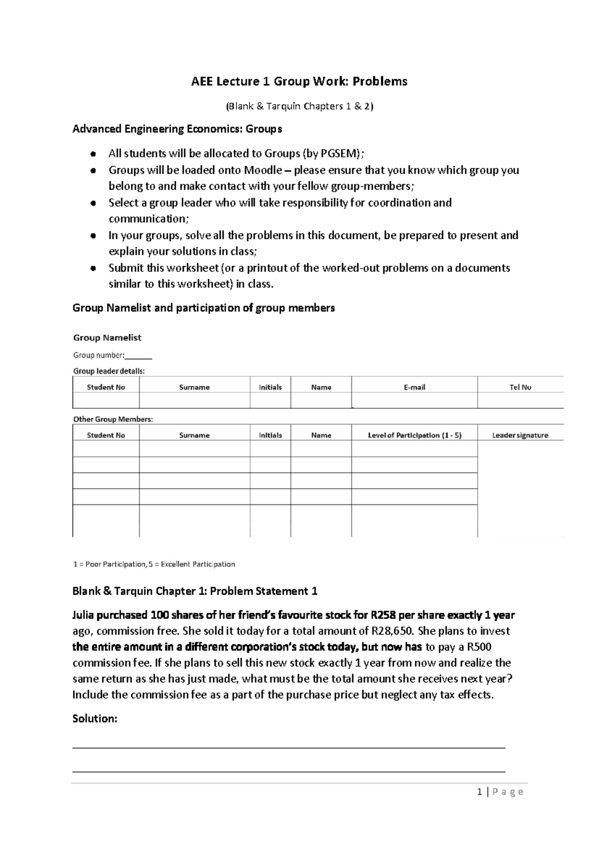 AEE Lecture 1 Group Work: Problem Solving (Blank Tarquin Ch 1-2) - Studocu