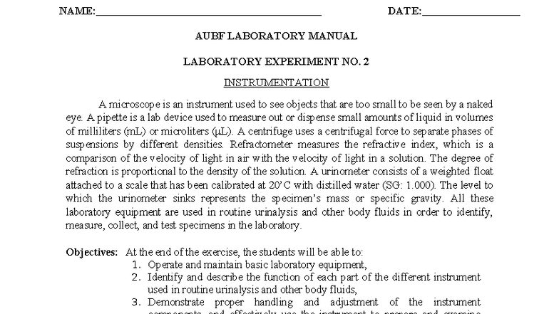 AUBF Lab Manual Ex2: Instrumentation of Microscope & Pipette - Studocu