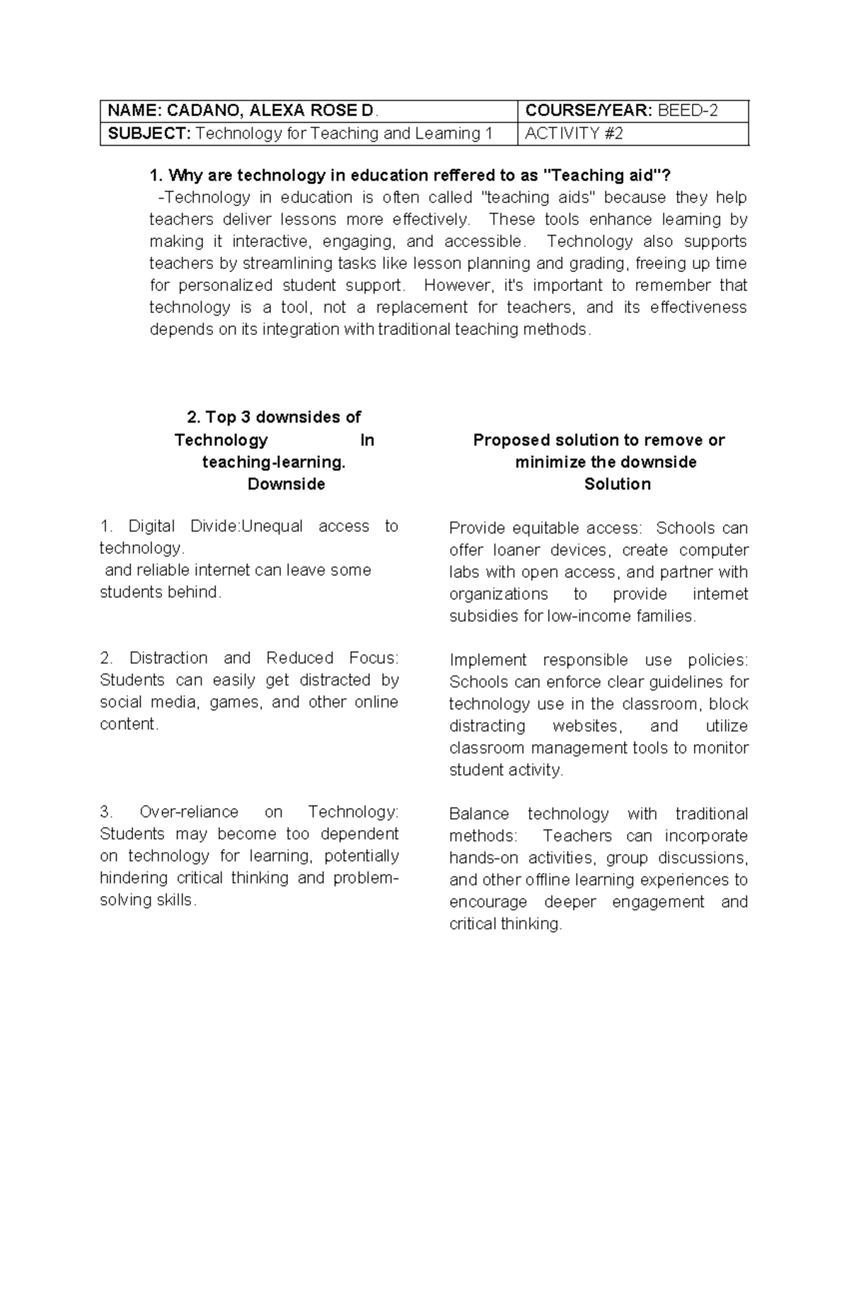 TTL - Activity#2 - Good - NAME: CADANO, ALEXA ROSE D. COURSE/YEAR: BEED- SUBJECT: Technology for ...