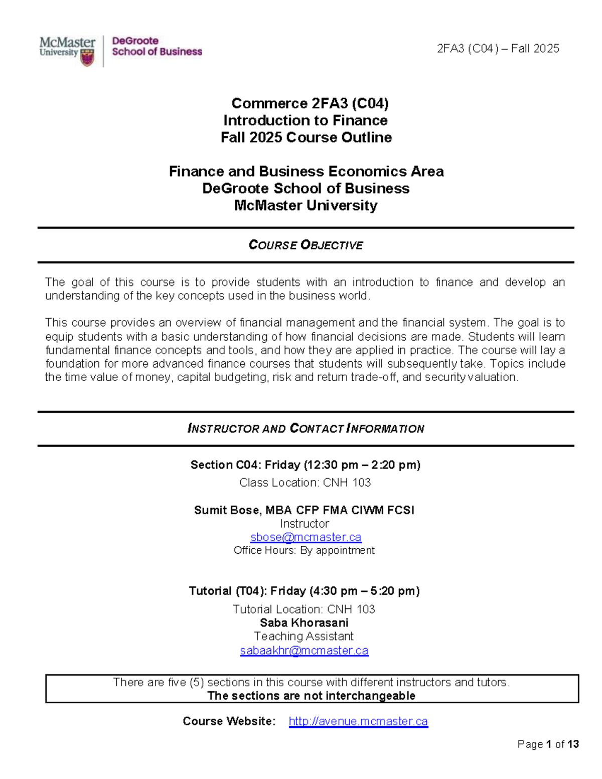 2FA3 (C04) Fall 2025 Introduction to Finance Course Outline - Studocu