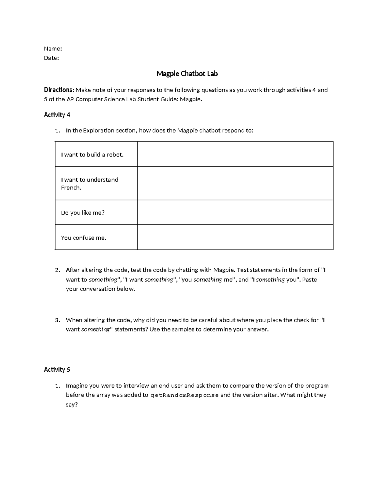 CS 07 11 Worksheet: Magpie Chatbot Lab Activities 4 & 5 - Studocu