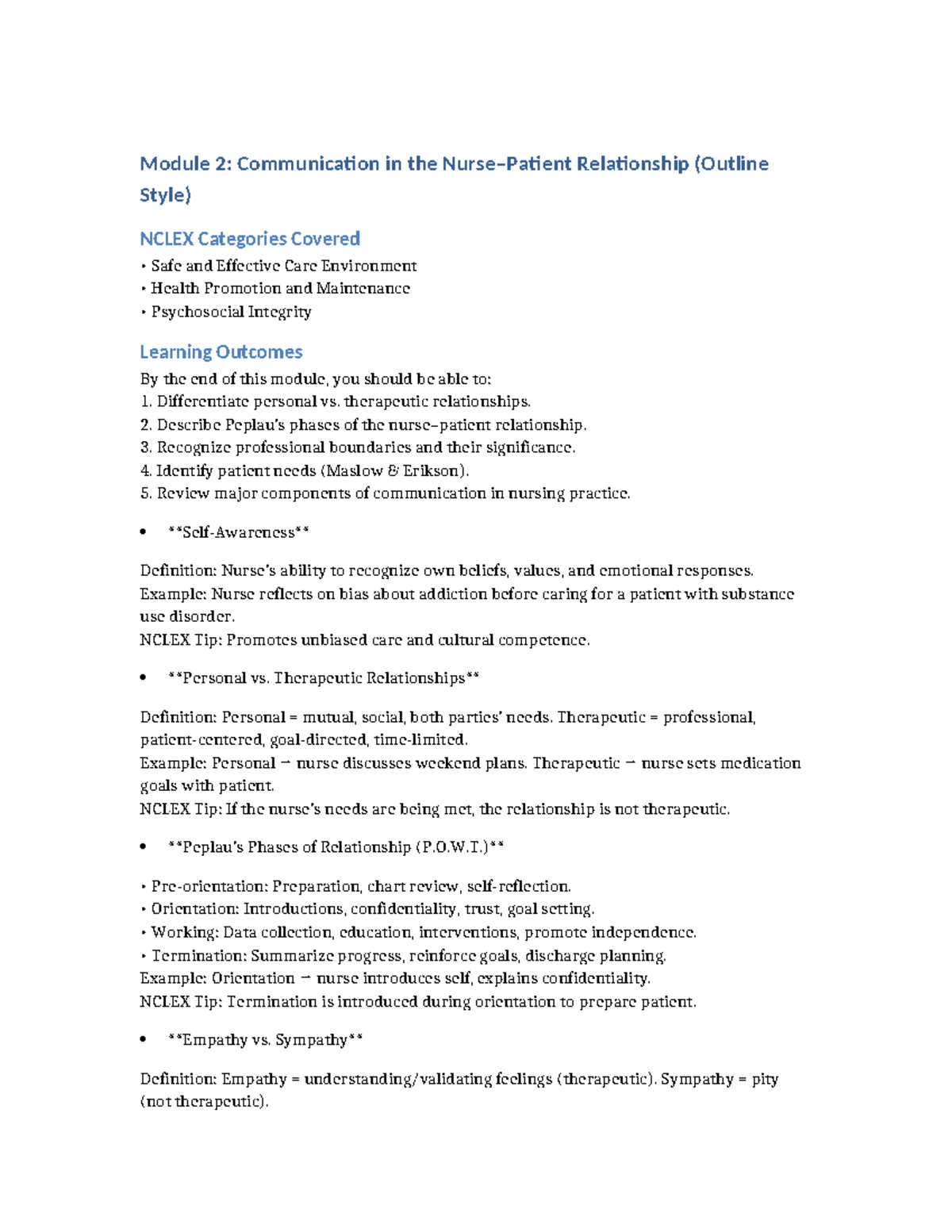 Module 2: Communication in Relationships - NCLEX Outline - Studocu