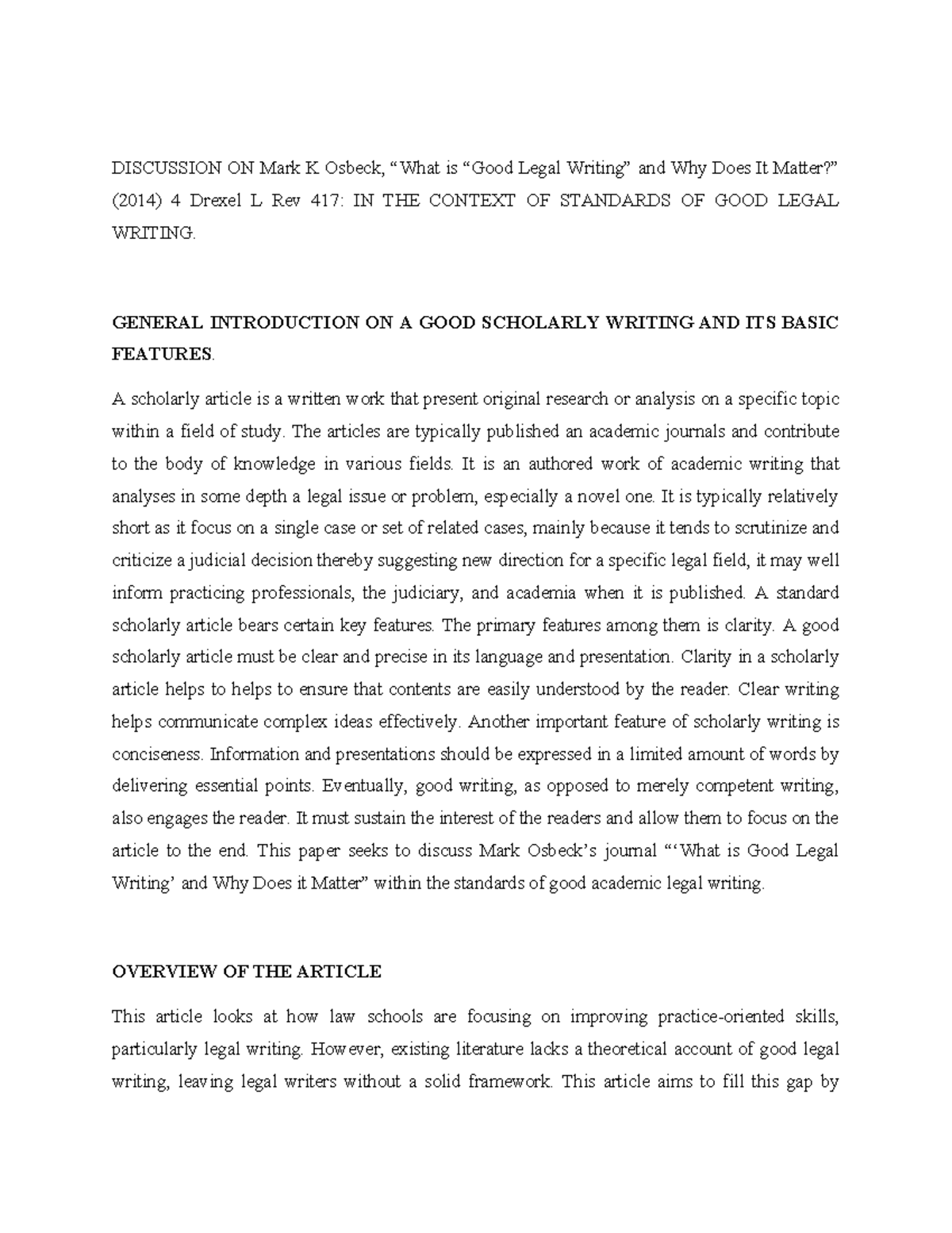 Legal Writing Assignment: Analyzing Mark K. Osbeck's Article on Good ...