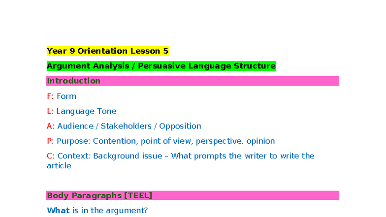Year 9 Orientation Lesson 5: Argument Analysis Notes - Studocu