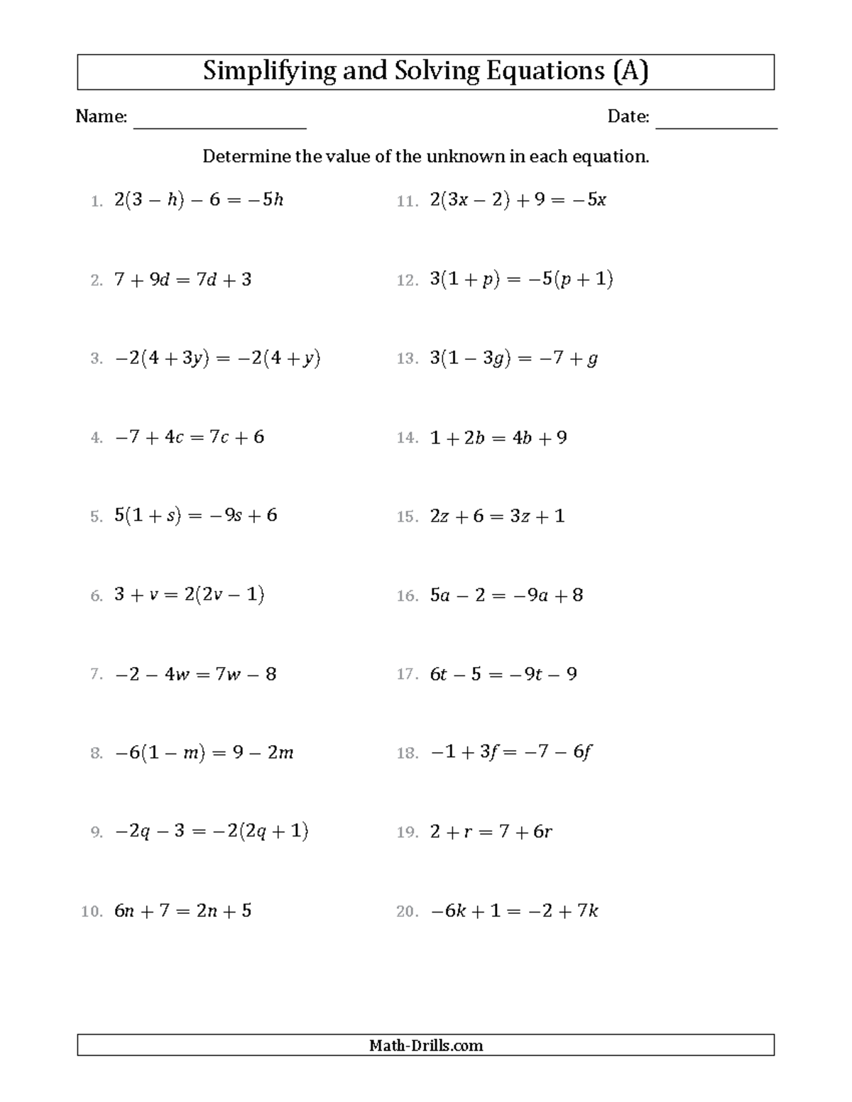 Math - Simplifying & Solving Equations Answer Key (Parts A-D) - Studocu