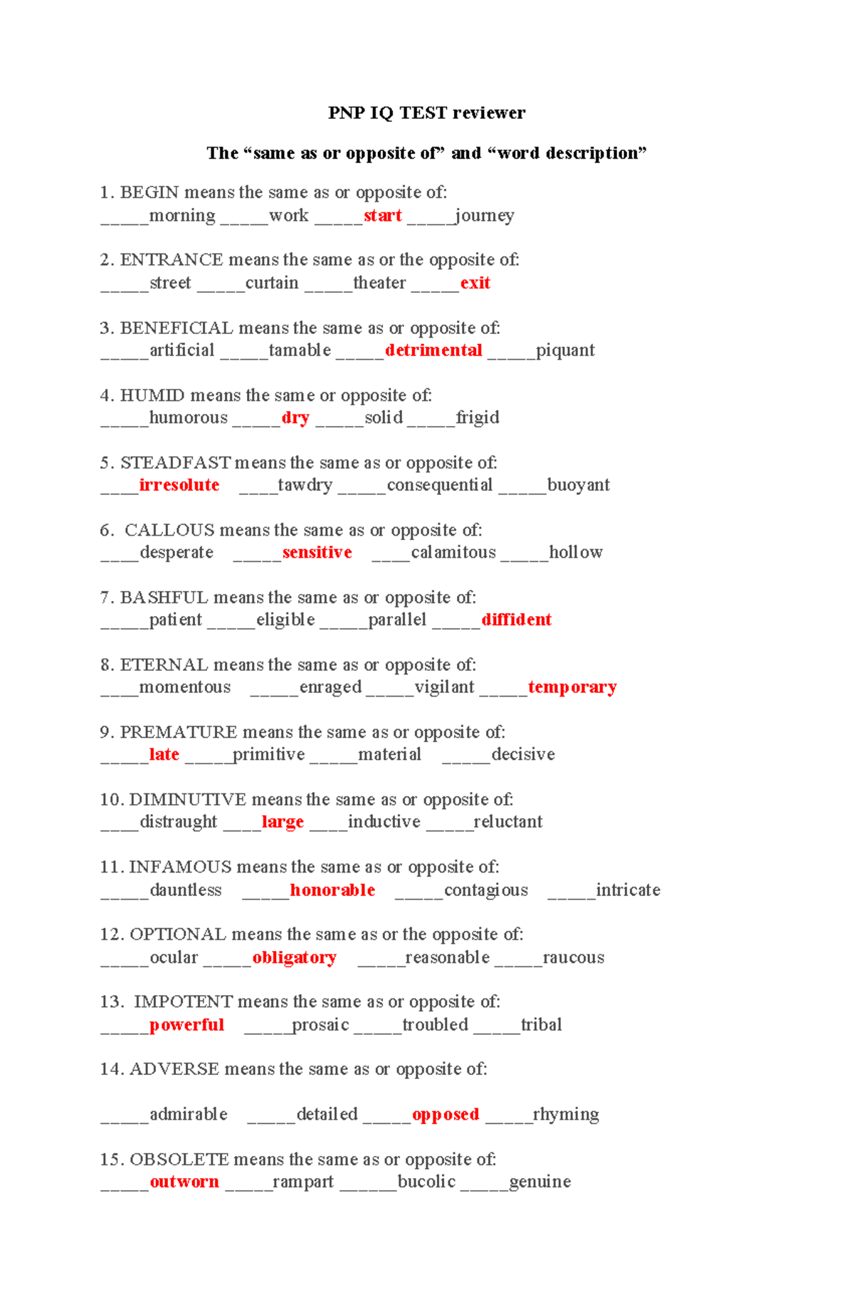 PNP IQ TEST Reviewer: Synonyms and Antonyms Guide - Studocu