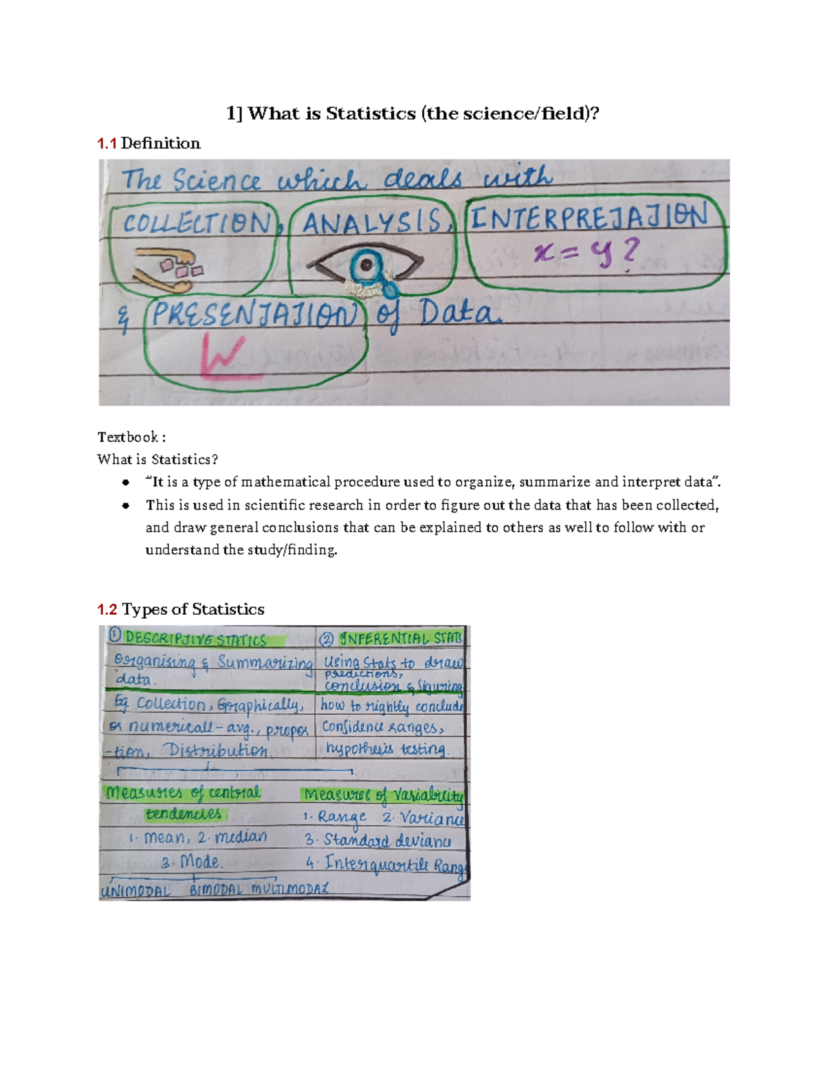 Notes - 1] What is Statistics (the science/field)? 1 Definition ...
