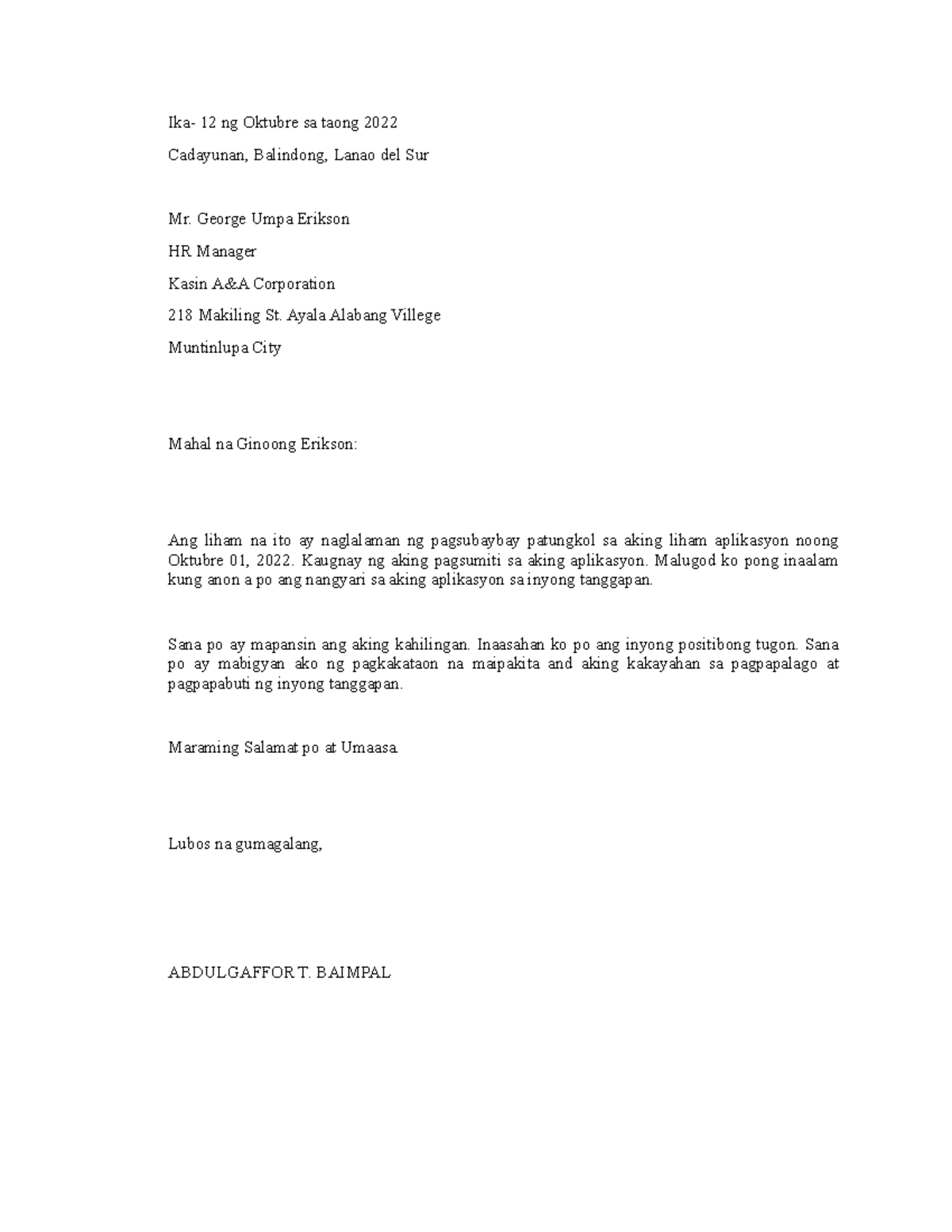 Liham Pagsubaybay sa Aplikasyon ni Abdulgaffor T. Baimpal - Studocu