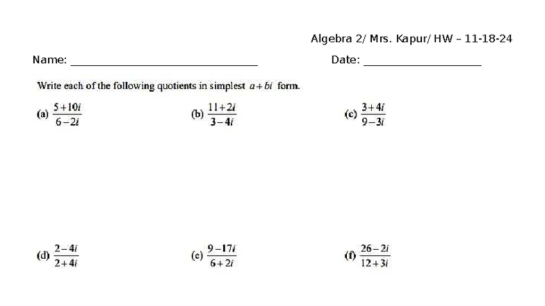 HW - Simplifying Complex Number Quotients C N - 11-18-24 - Studocu