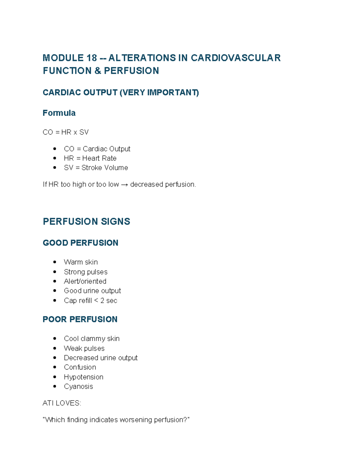 Medsurg 18 & 24: Key Notes on Cardiovascular Function & Shock - Studocu
