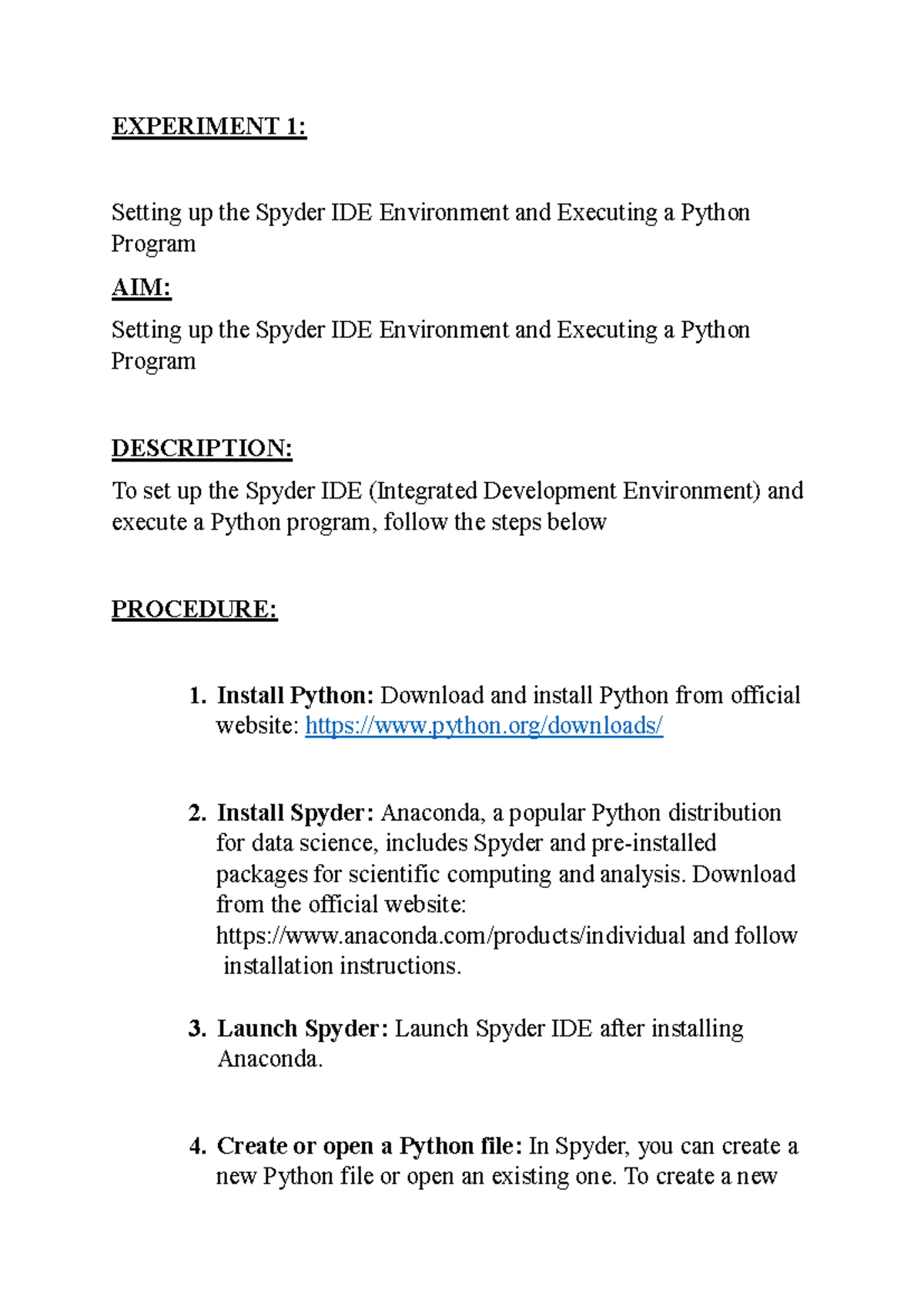 DL Lab Manual: Setup and Execution of Python Programs and Models - Studocu