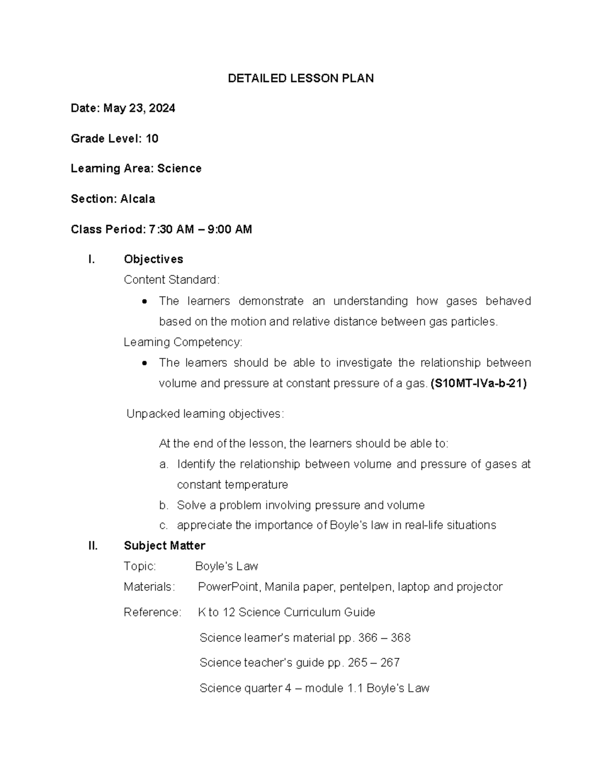 MCE Lesson PLAN - DETAILED LESSON PLAN Date: May 23, 2024 Grade Level ...