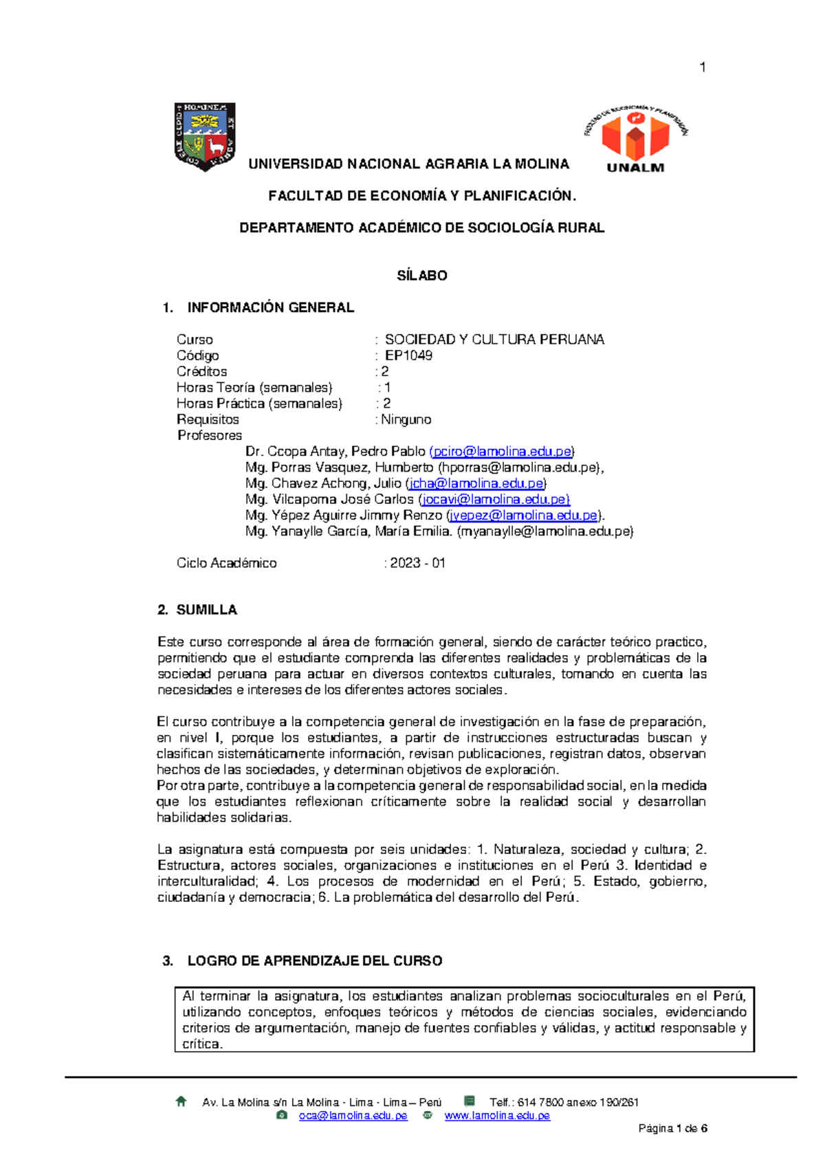 01. Silabo (2023-01)SCP. Codigo 1049 - Av. La Molina s/n La Molina ...