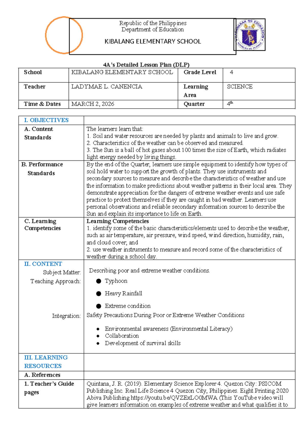 Grade 4 Science Detailed Lesson Plan (DLP) - Kibalang Elementary School ...